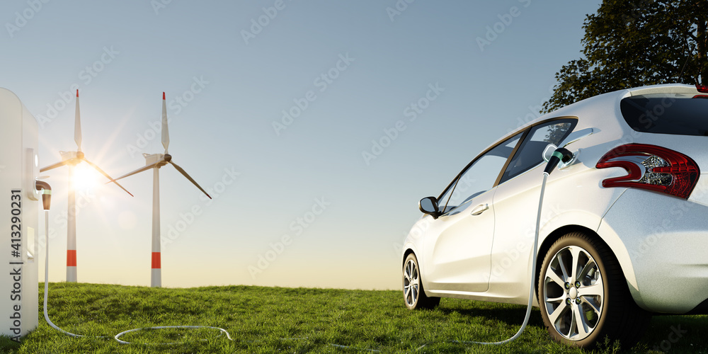 E-Mobility and ecology. Charging an electric urbain car in nature ...