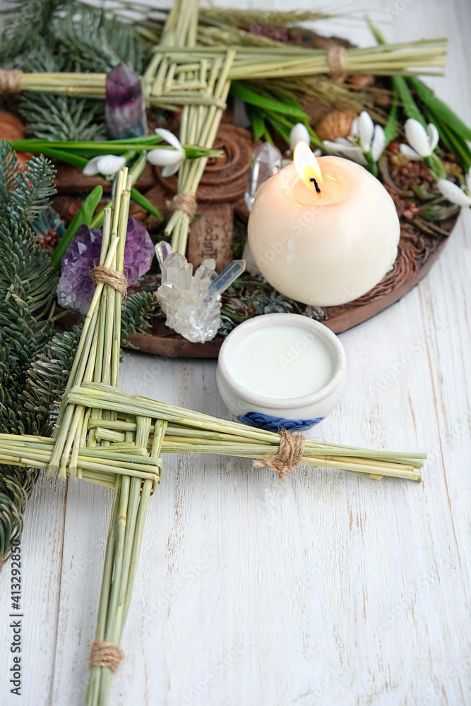 Winter altar for Imbolc sabbath. spring pagan holiday ritual. Brigid's ...