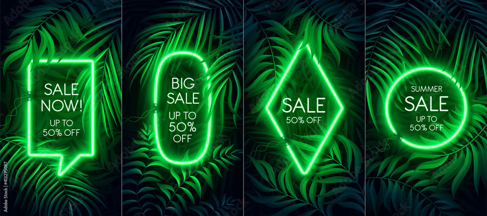 Neon light banner in fluorescent color, tropical background concept ...
