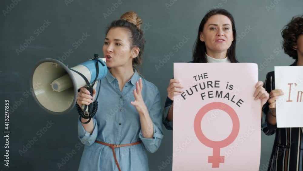 Slow Motion Of Angry Feminists Protesters Screaming Holding Banners