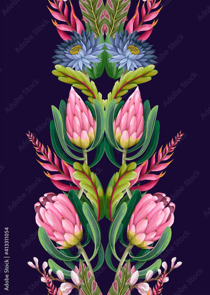 Border with proteas flowers. Trendy floral vector print. Stock Vector ...