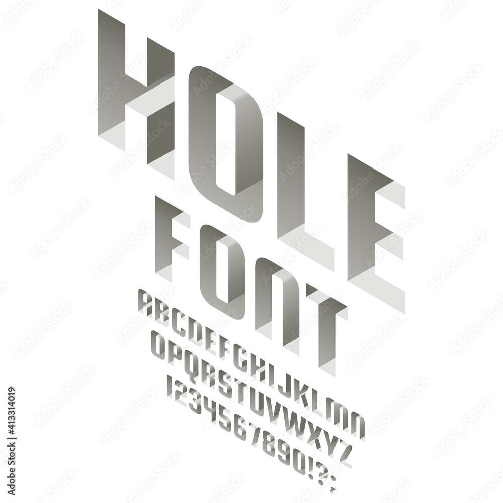 Isometric hole alphabet. Deep into surface 3d font, letters and numbers ...