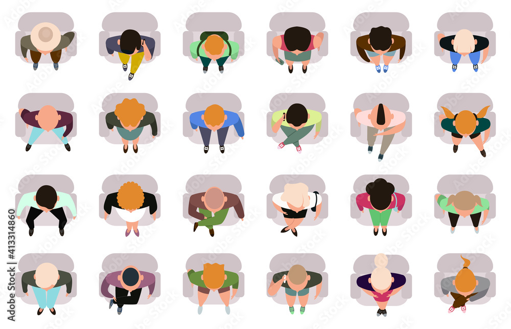 Sitting people top view. Male and female sitting characters view from ...