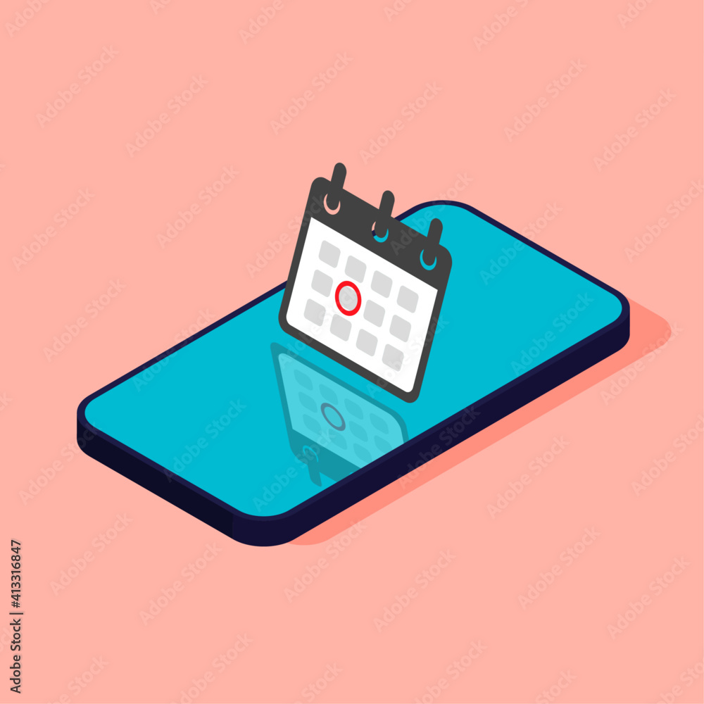 Isometric smartphone with calendar and highlighted date on it. Event or ...