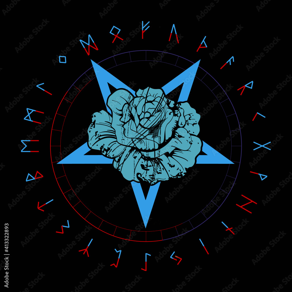 vector illustration of a flower on a pentagram and rune alphabet ...