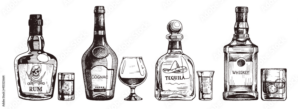 Hand drawn set of alcoholic drinks. Bottle of rum, cognac, tequila ...
