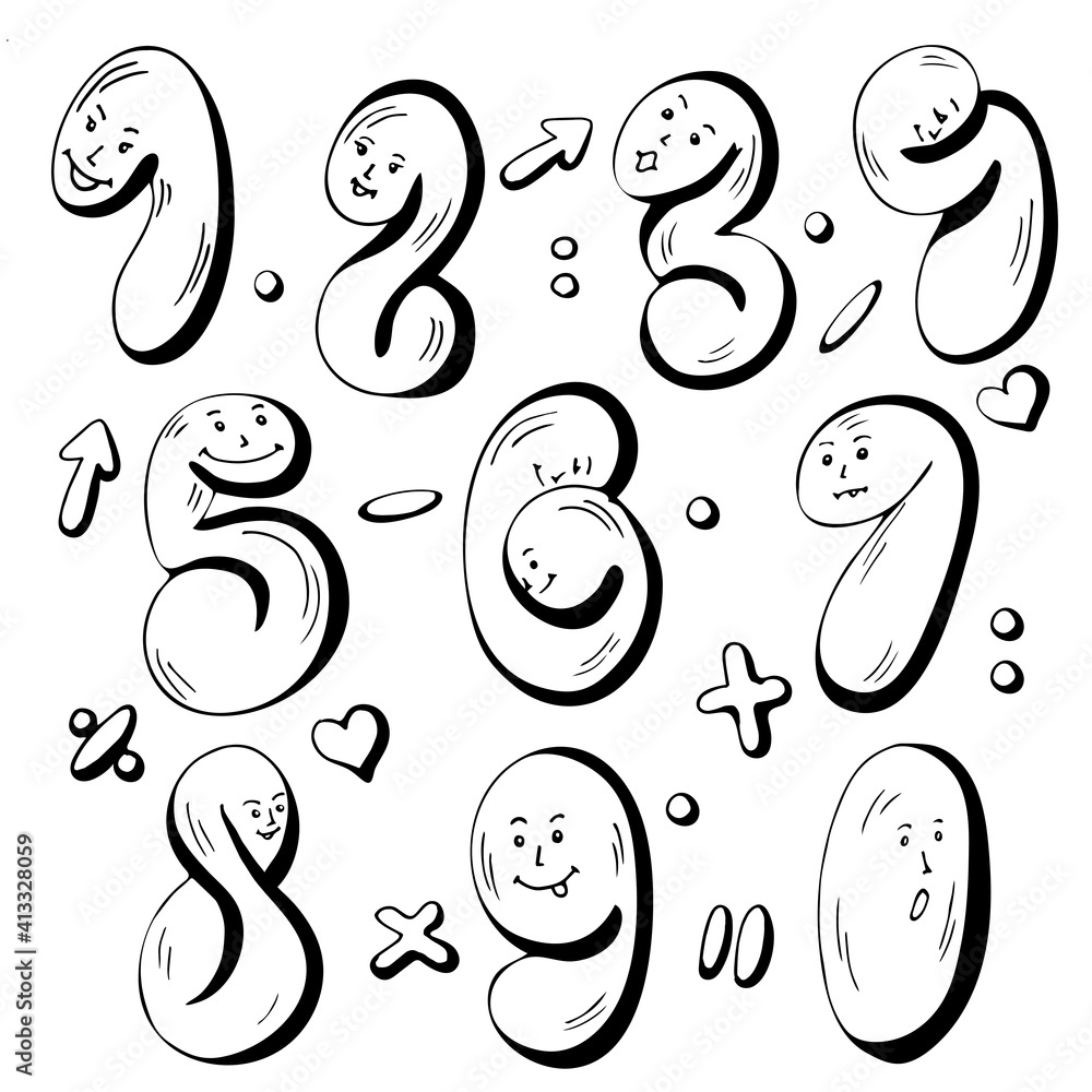 Black and white set of fun cartoon numbers and signs. Line art number ...
