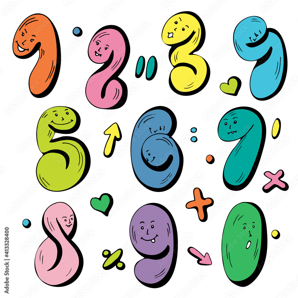 Colorful bright set of cartoon numbers and signs. Color number symbol ...