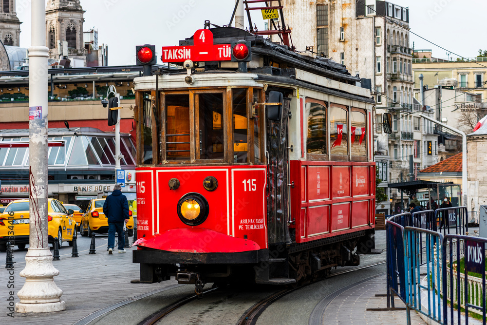ISTANBUL, TURKEY - February 11, 2021: Nostalgic red tram in Taksim ...