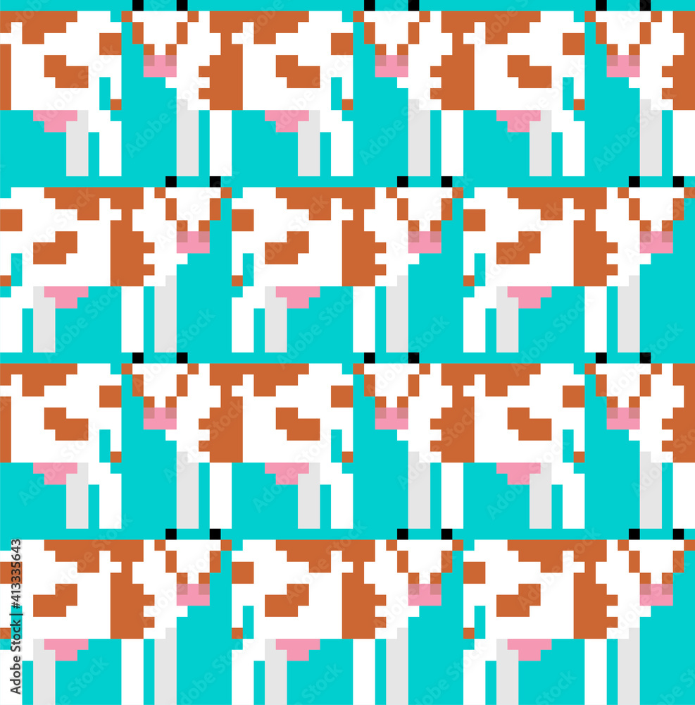 Cow pixel art pattern seamless. 8 bit farm animal backgroundn. vector ...