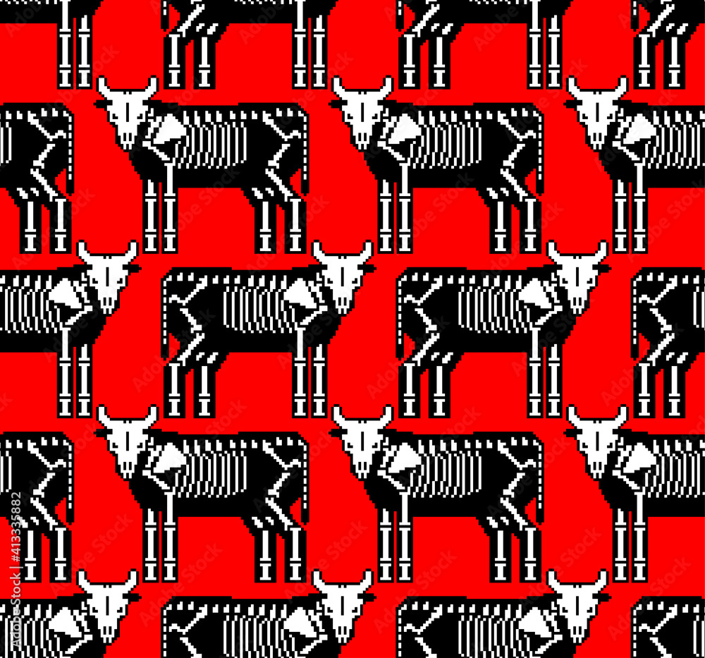 Cow skeleton pixel art pattern seamless. 8 bit Farm animal bones ...
