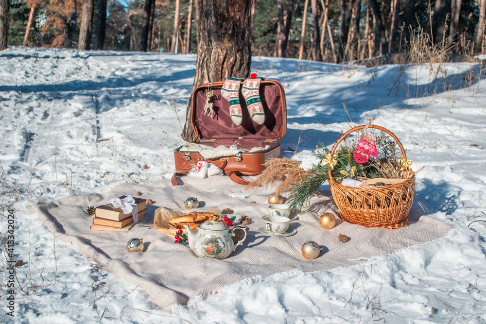 idea for a photo session of a winter retro picnic in nature with a ...