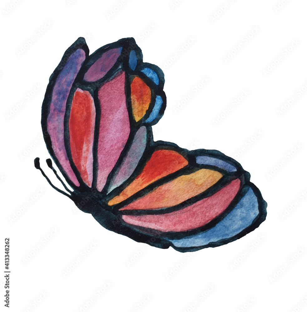 The watercolor violet butterfly in stained glass style with black ...