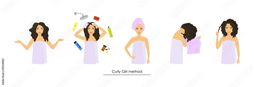Curly hair care process. A beautiful young girl washes, styles, dries ...