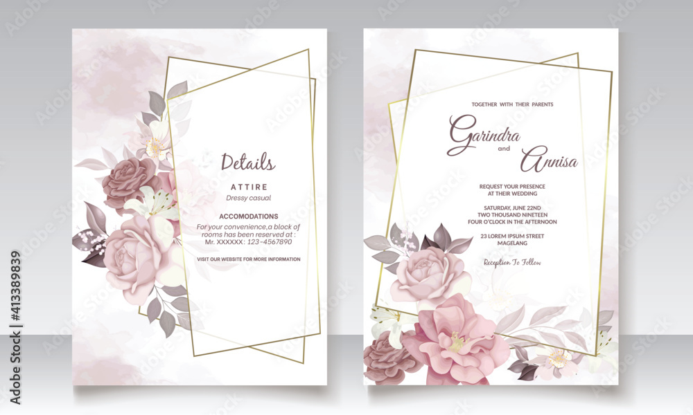 Brown wedding invitation template set with floral frame Premium Vector ...