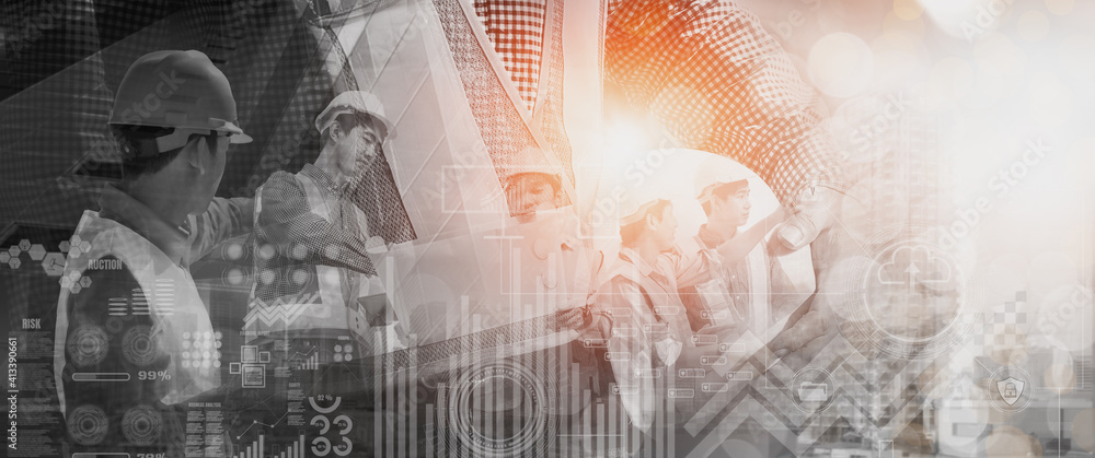 Double exposure construction safety first,engineer or architect team ...