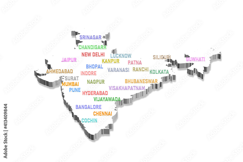 3d India map showing major cities in the country Stock Illustration ...