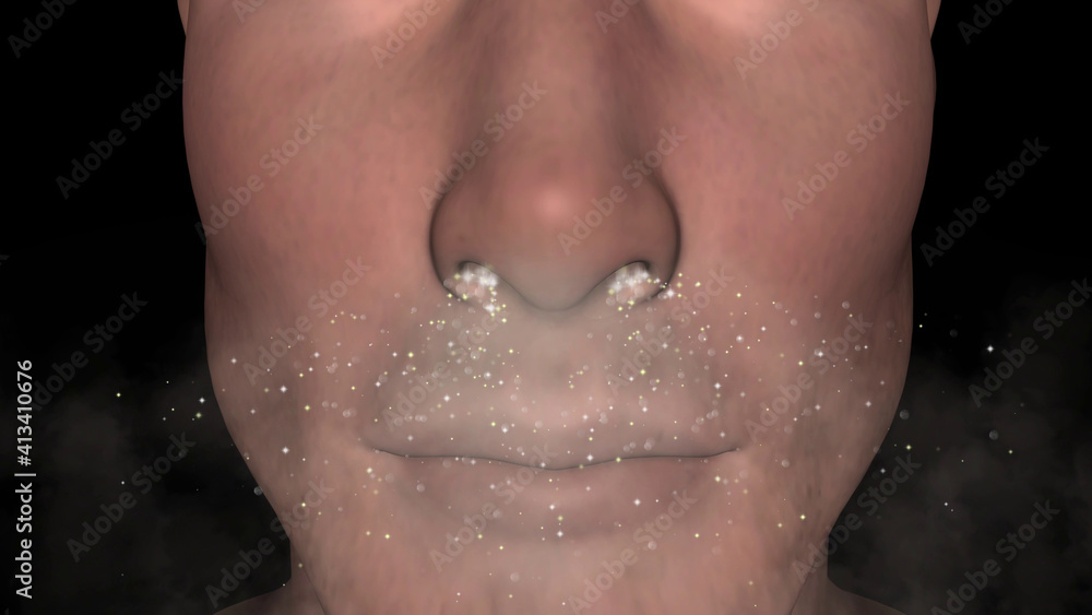 Human nose inhaling particles , bioaerosols. Scent molecules entering ...