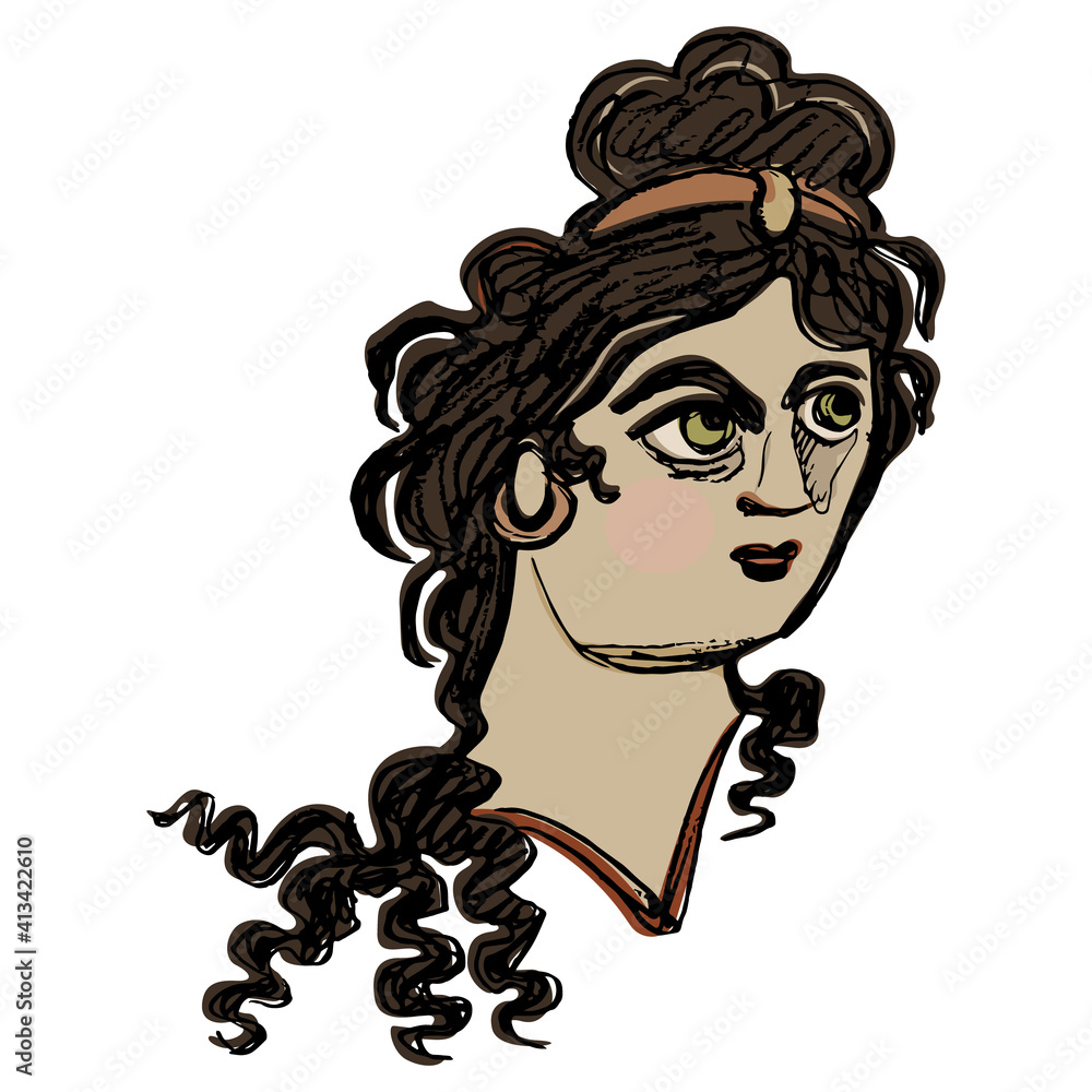 Head of a beautiful antique woman with curvy dark hair. Coptic ancient ...