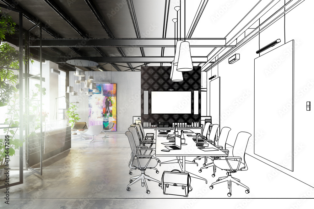 Contemporary Commercial Space Design (drawing) - 3d visualization Stock ...
