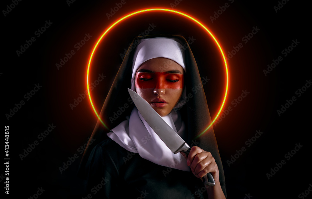 digital portrait of a nun, knife in hand, on a black background, in a ...
