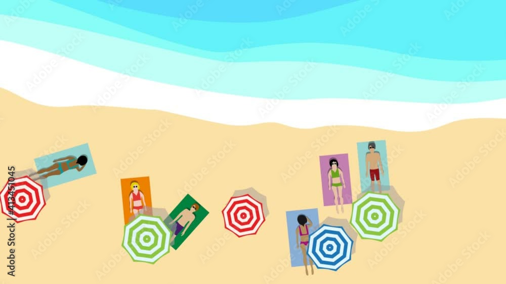 Animated summer background. Crowded beach and sea with umbrella and ...