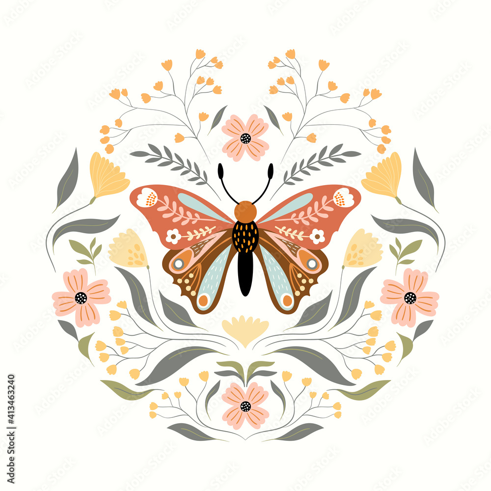 Floral butterfly with decorative design, round composition with ...