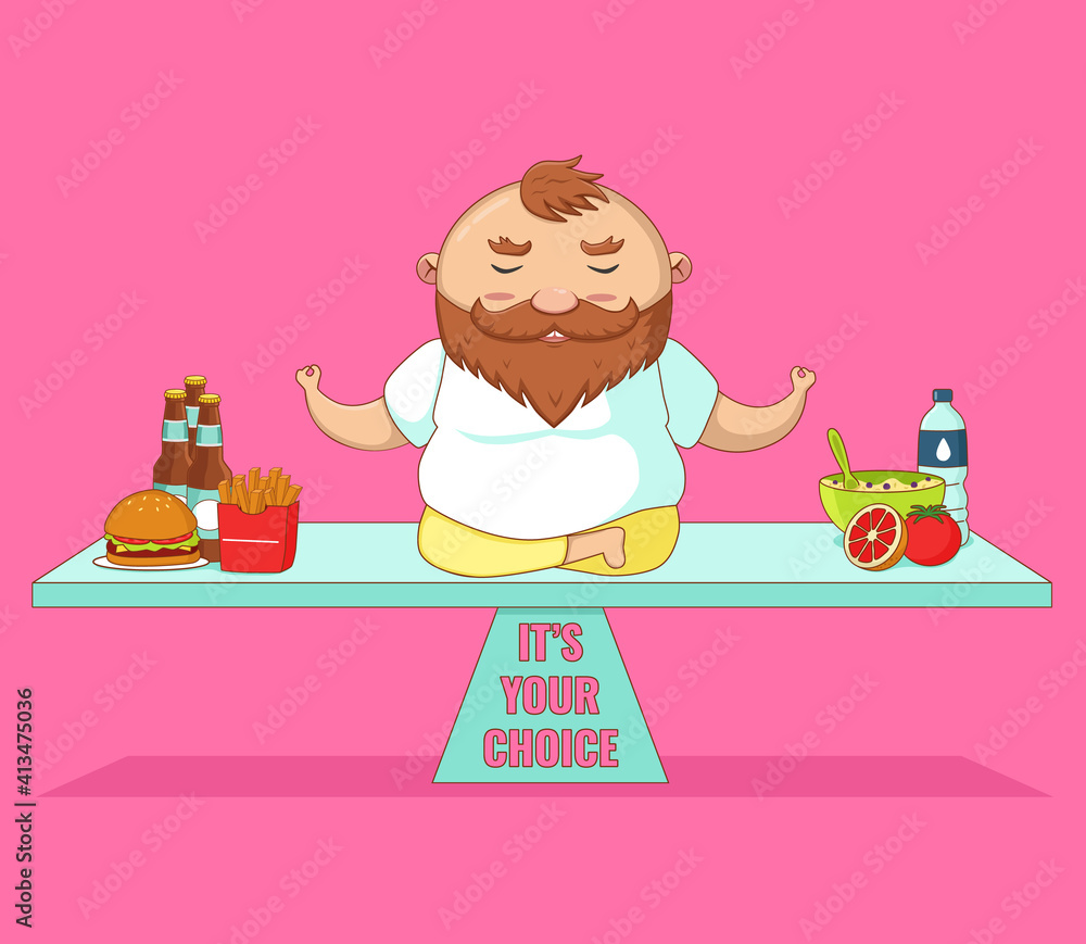 Healthy lifestyle. Funny cartoon illustration of fat man and proper ...