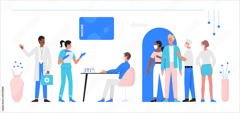 Hospital vaccination vector illustration. Cartoon patient people ...