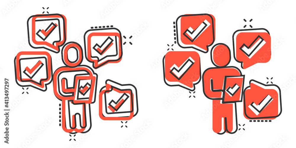 Organization management icon in comic style. People with check mark ...