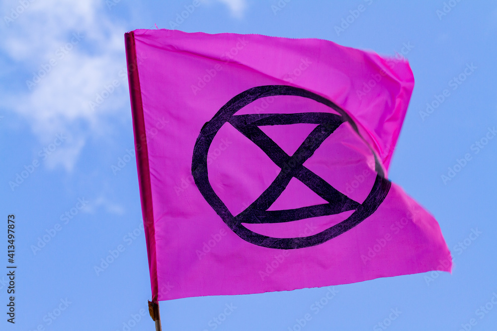 Extinction rebellion symbol sign on pink flag blowing against blue sky ...