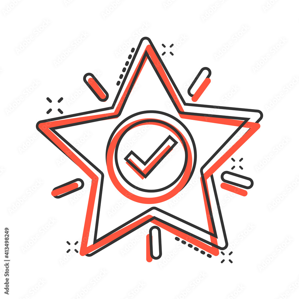 Check mark with star icon in comic style. Add to favorite cartoon ...