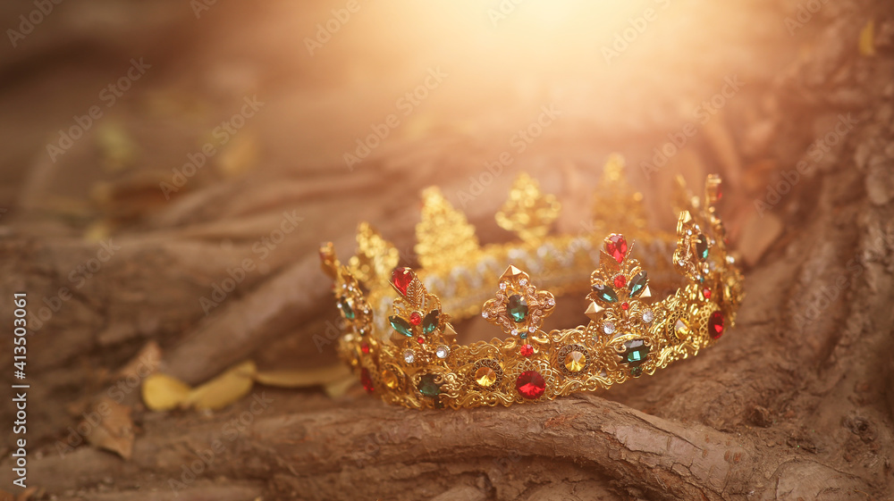 Beautiful golden crown on tree roots outdoors. Fantasy item Stock Photo ...