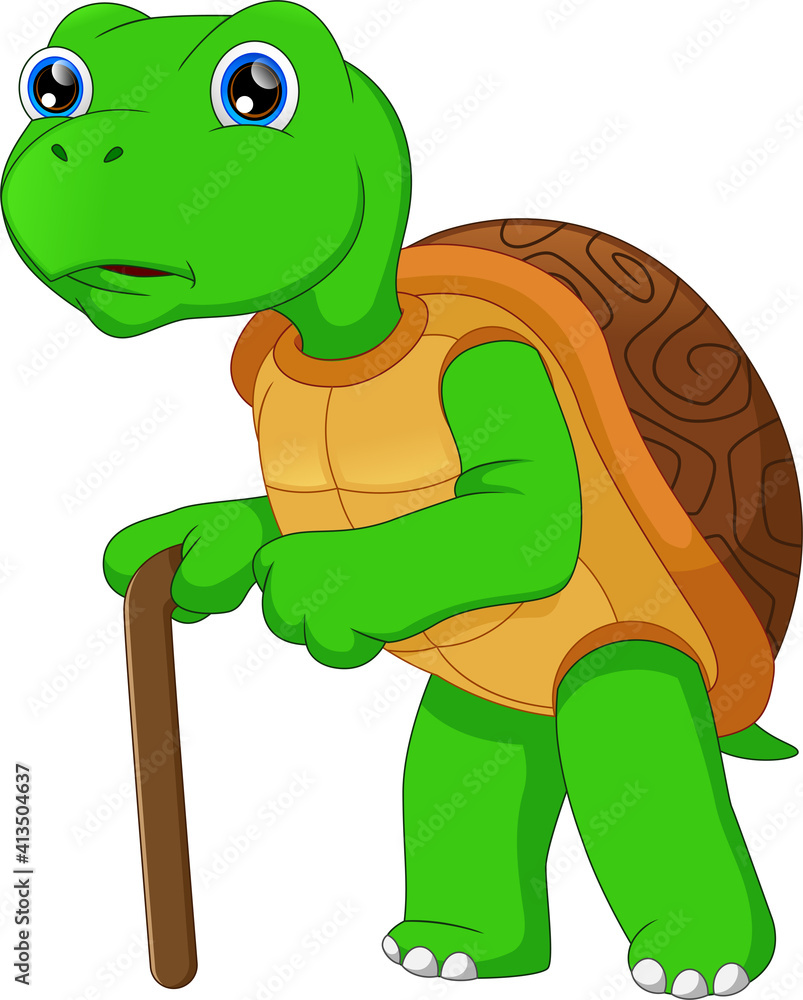 cartoon old turtle walking with a stick Stock Vector | Adobe Stock