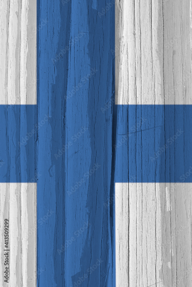 Fotka „The flag of Finland on a dry wooden surface, cracked with age ...