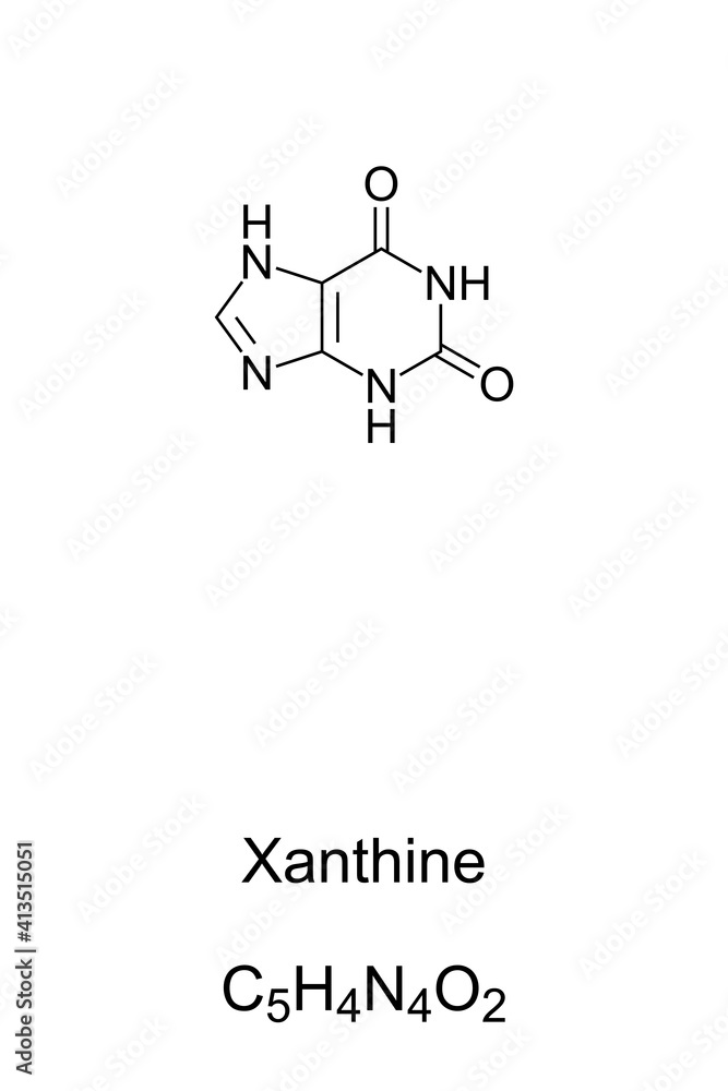 Xanthine, chemical formula and skeletal structure. Xanthic acid, a ...