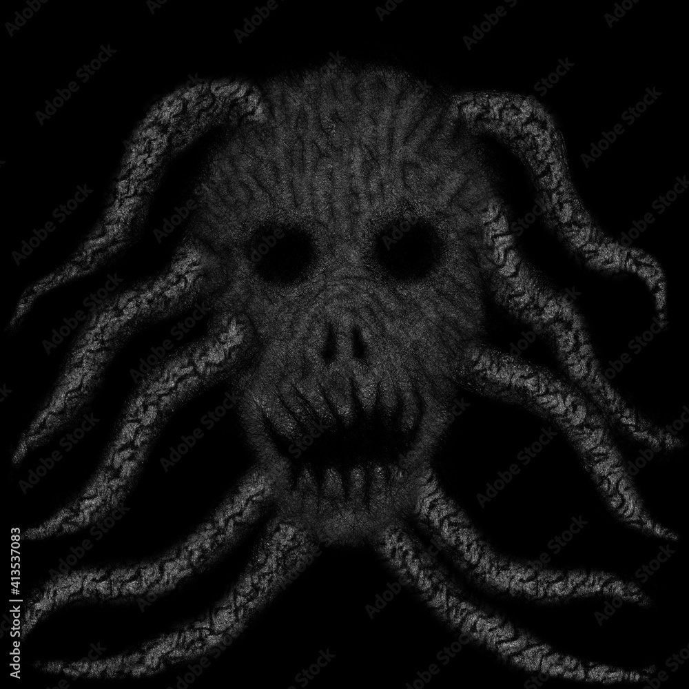 Dead head with tentacles, digital painting, monochrome, concept for ...