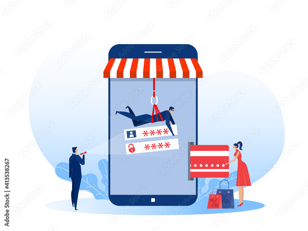 Hacker stealing money from credit card on shop mobile . Flat vector ...