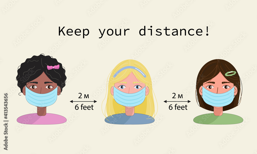 Cute cartoon vector social distancing, 3 girls keep their distance in ...