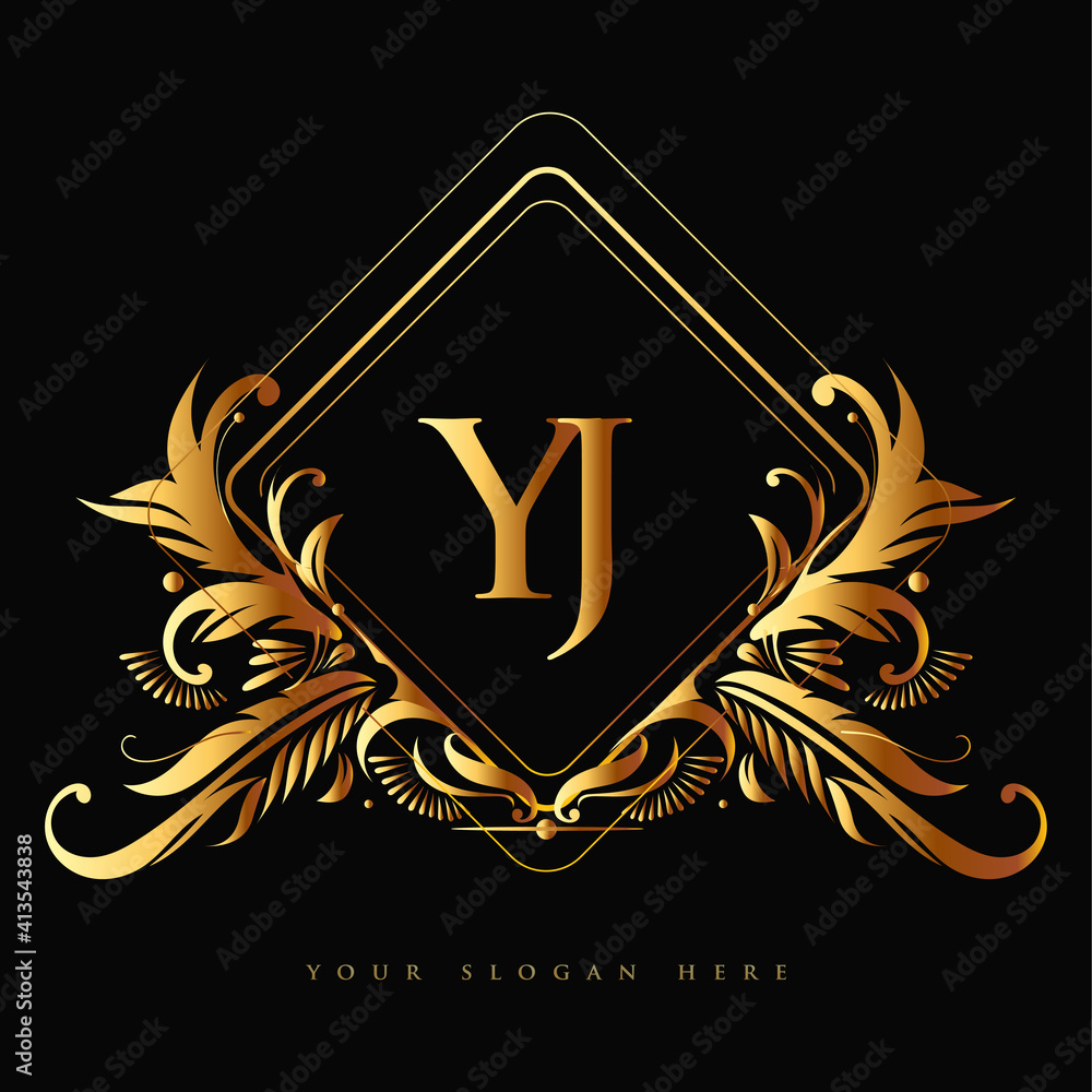 Initial logo letter YJ with golden color with ornaments and classic ...