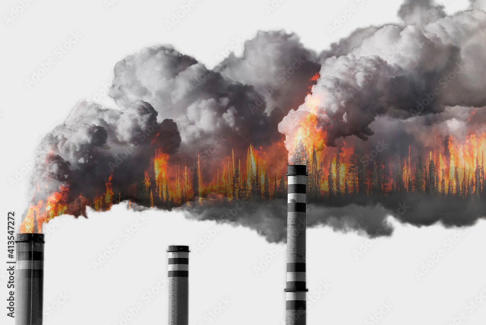 Fossil fuel burning and climate change concept. Double exposure. Forest ...