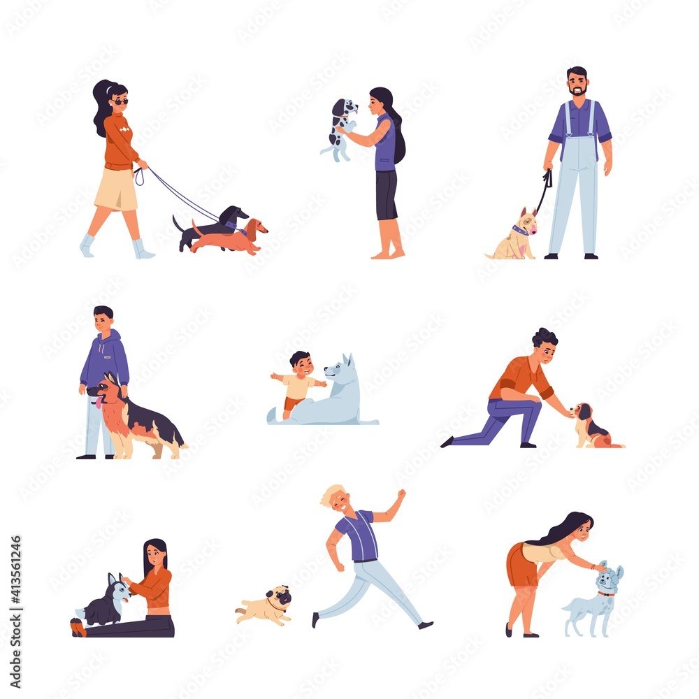Dog owners. Happy cartoon people walking and playing with pets ...