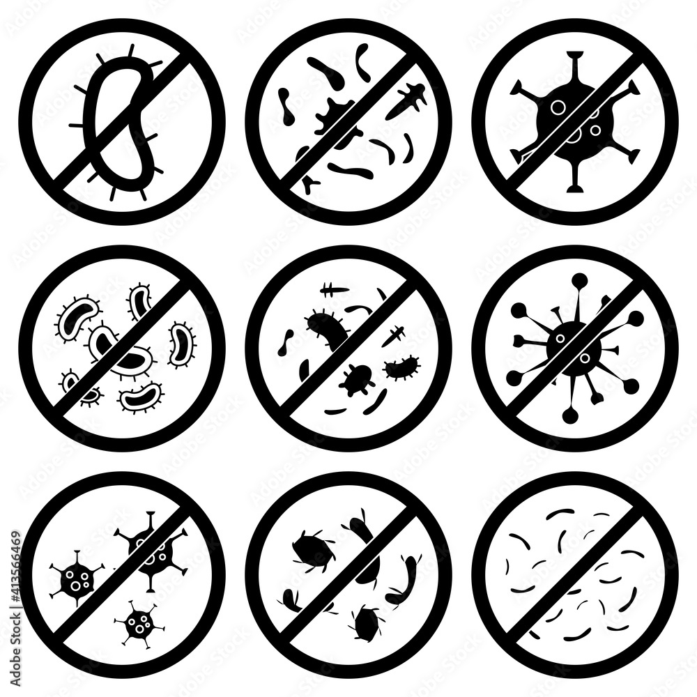 Anti bacterial icons. Stop of virus, germs and microbe, prohibition ...