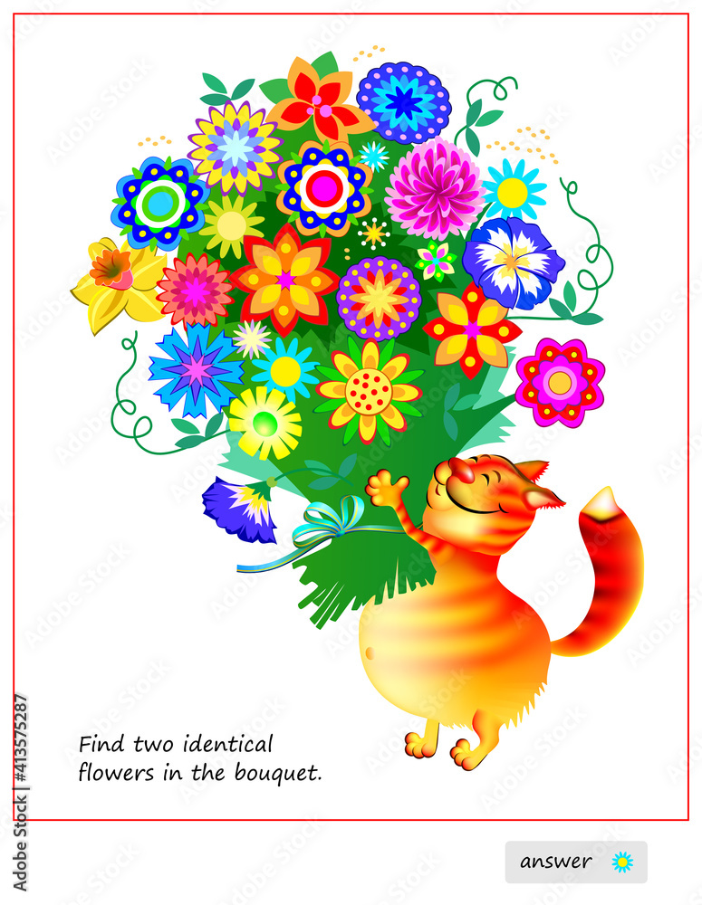Logic puzzle game for children and adults. Find two identical flowers ...