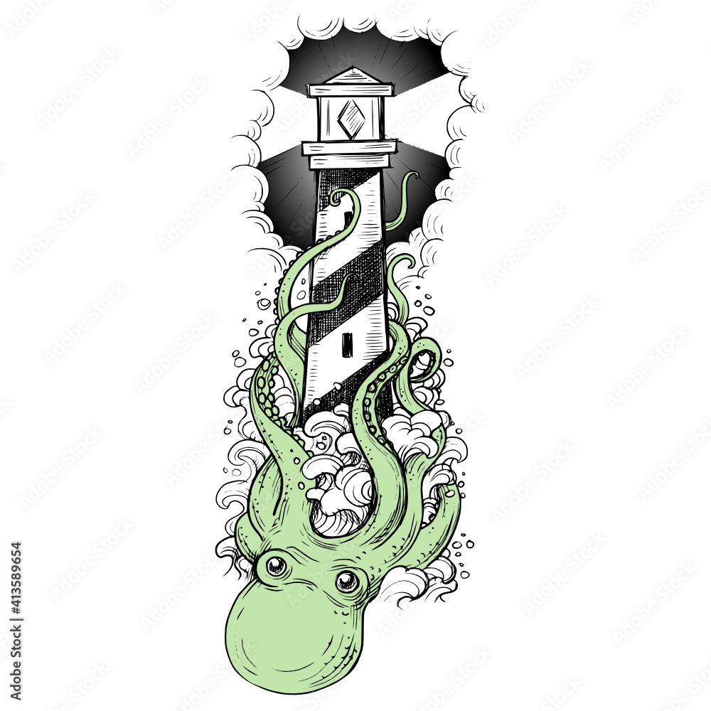 lighthouse octopuss kraken Stock Vector | Adobe Stock