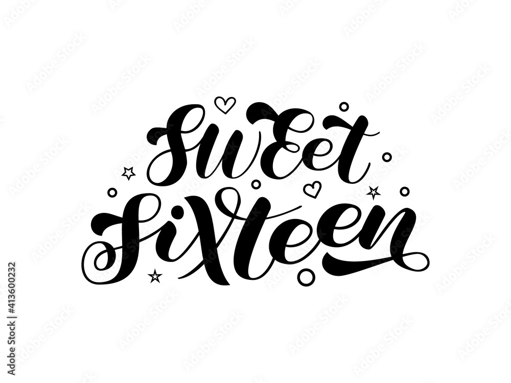 Sweet Sixteen brush lettering. 16x birthday girl. Phrase for shirt ...