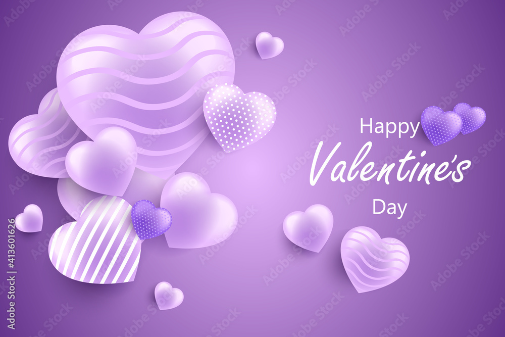 Purple Valentine's Day background with greeting text, 3d hearts on a ...