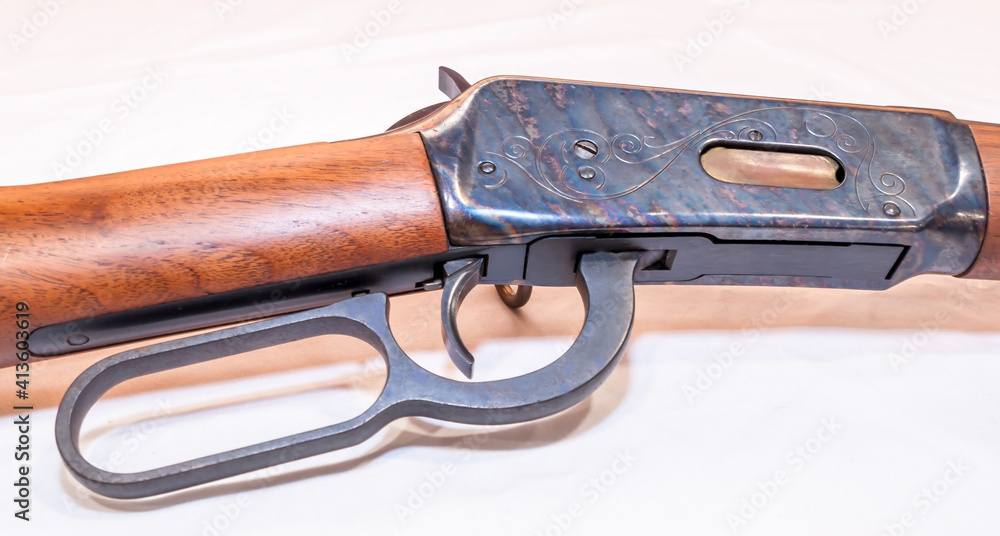A lever action 30-30 caliber hunting rifle on a white background Stock ...