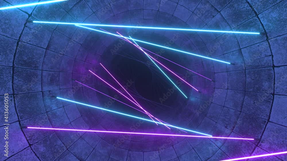 Flying in a concrete tunnel with neon lighting. Halogen lamps. Abstract ...