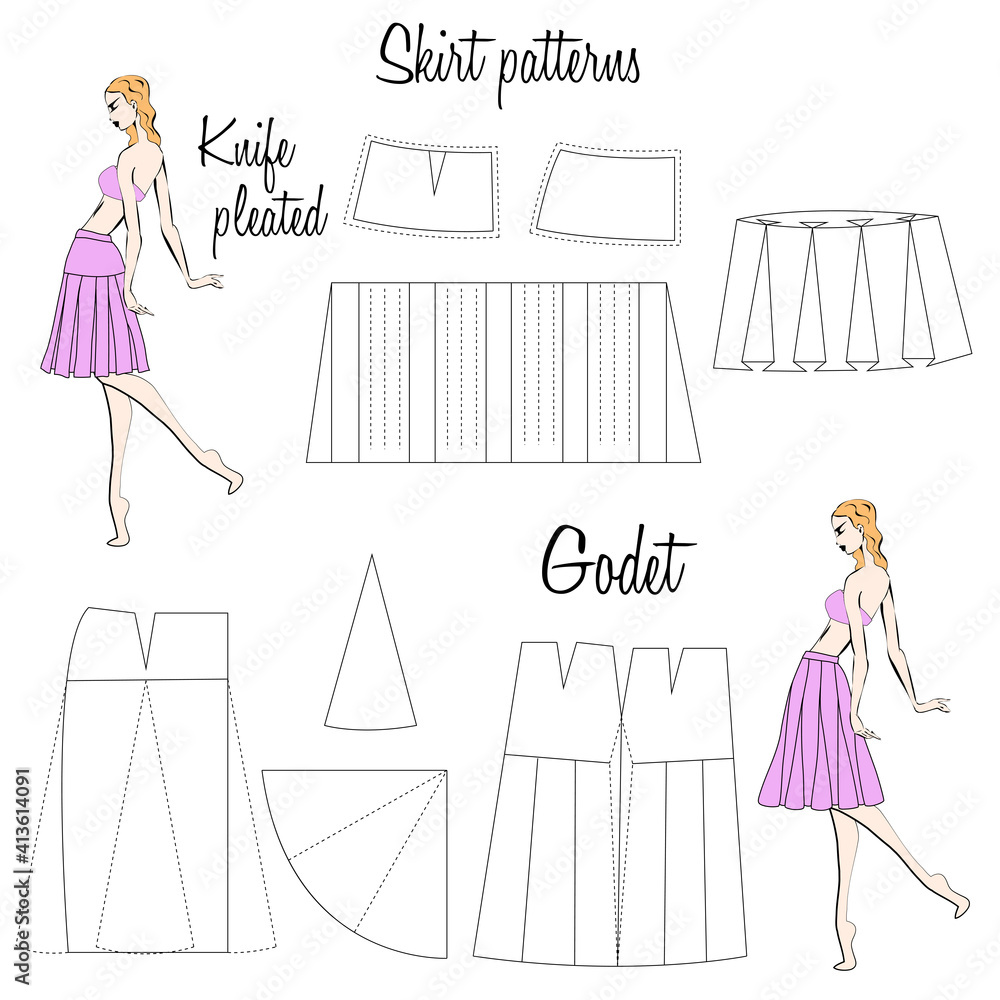 Skirt Knife pleated and Godet patterns. A visual representation of ...